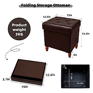 CAROLMADE Folding Storage Ottoman Cube PU Leather Footstool with Wood Legs Toy Storage for Living Room and Bedroom Brown, 15"x12.6"x15.4”