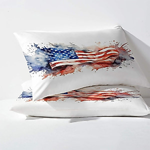 American Flag Sheets Full Size, Stars Bed Sheets, Patterned Bedding Sheets & Pillowcases 4 Piece Set - Soft Microfiber Deep Pocket Fitted Sheet & Flat Sheet & 2 Pillow Cases C3-&-220