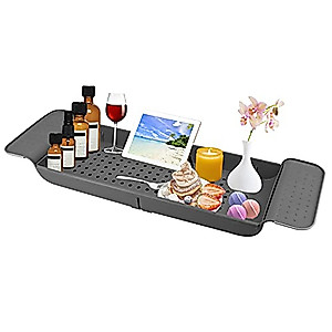 Expandable Drain Bath Shelf Caddy Tray, YOCOMEY Multifunctional Plastic Bathtub Tray Bathroom Organizer Simple Stylish Bathtub Storage Rack for Candle Towel, Book, Wine, Phone, Shower (Dark Gray)