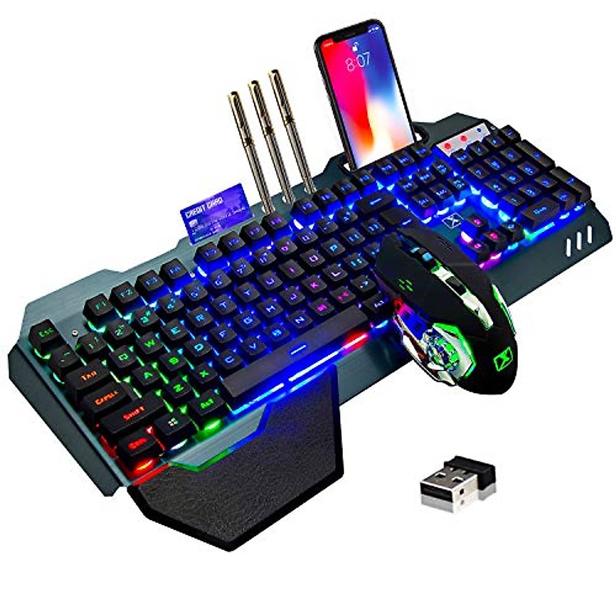 Wireless gaming Keyboard and Mouse,Rainbow Backlit Rechargeable Keyboard Mouse with 3800mAh Battery Metal Panel,Removable Hand Rest Mechanical Feel Keyboard and 7 Color Gaming Mute Mouse for PC Gamers