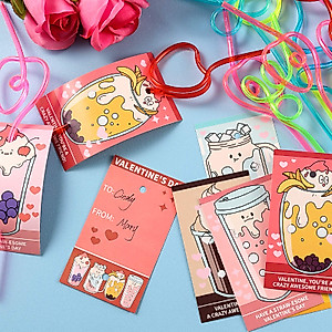 AOJOYS Valentines Day Cards for Kids 32 Pack - 32 Colorful Valentine Gift Cards + 32 Lovely Loops Reusable Drinking Straws for Classroom Exchange Prizes, Valentine Party Favors