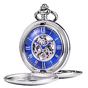 TREEWETO Pocket Watch - Smooth Double Case Series Skeleton Dial Delicate Mechanical Movement with Chain, Silver