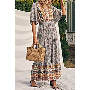 PRETTYGARDEN Women's Casual Summer Boho Floral Print Dress V Neck Short Sleeve High Waist Long Maxi Beach Dresses (White Floral,Medium)