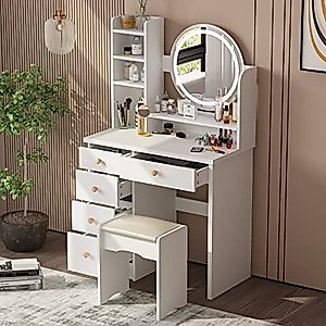 AGOTENI Makeup Vanity Set Dresser Desk with 5 Drawer and Shelf Round Mirror with Touch Screen and Light Vanity Set with Cushioned Stool for Bedroom, White