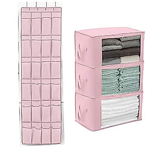 Gorilla Grip Over The Door Mesh Pocket Shoe Organizer and Clothing Storage Bags Set of 3, Both in Pink Color, 2 Item Bundle