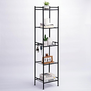 UPVOTED 5-Tier Free Standing Wire Rack Adjustable Metal Shelving Storage Unit for Pantry Laundry Kitchen Office, with 4-Hooks, Black