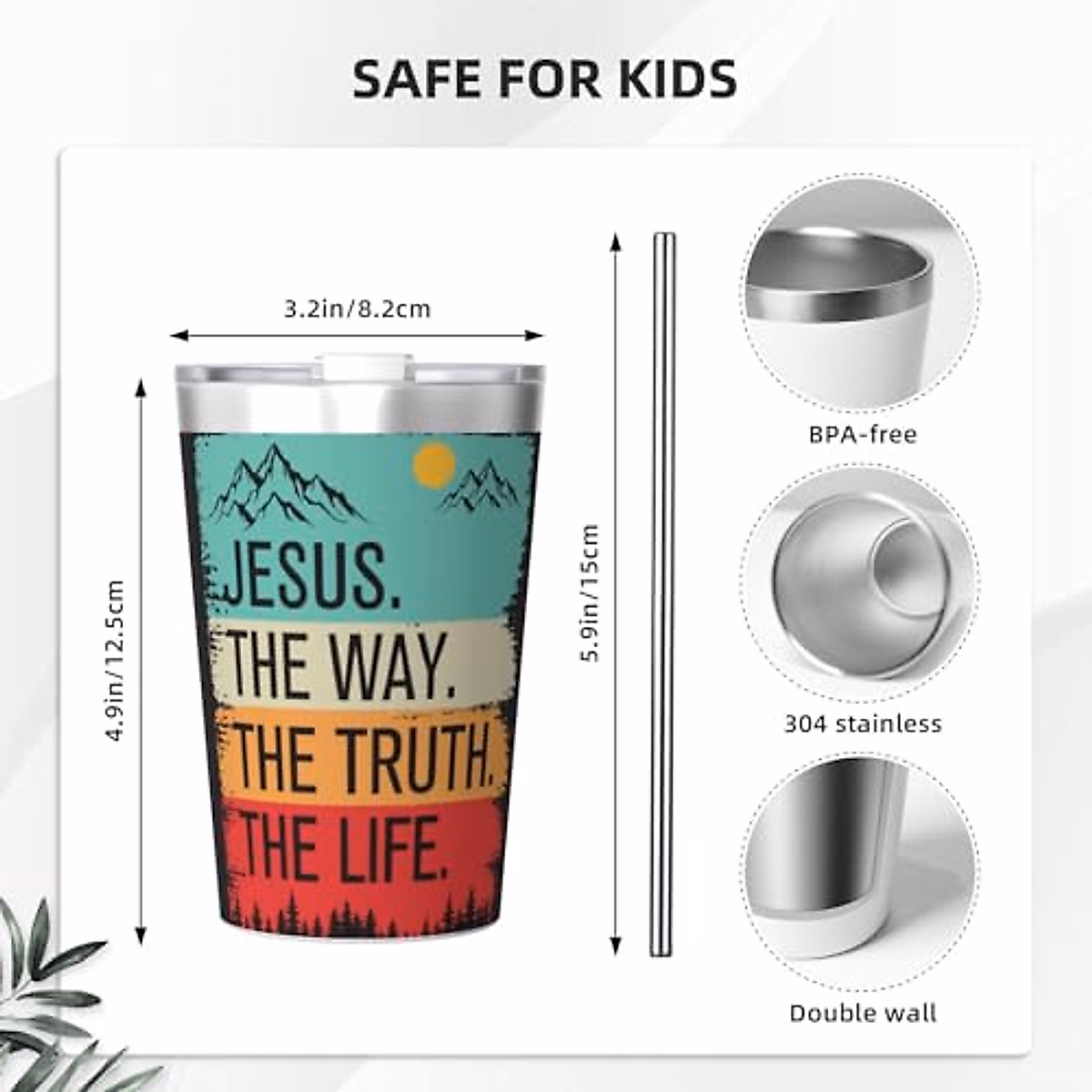 12oz Tumbler Vintage Jesus The Way Truth Life Stainless Steel Cup With Straw And Lid Spill Proof Bulk Double Wall Vacuum Reusable Water Tumblers For Cold Hot Drink