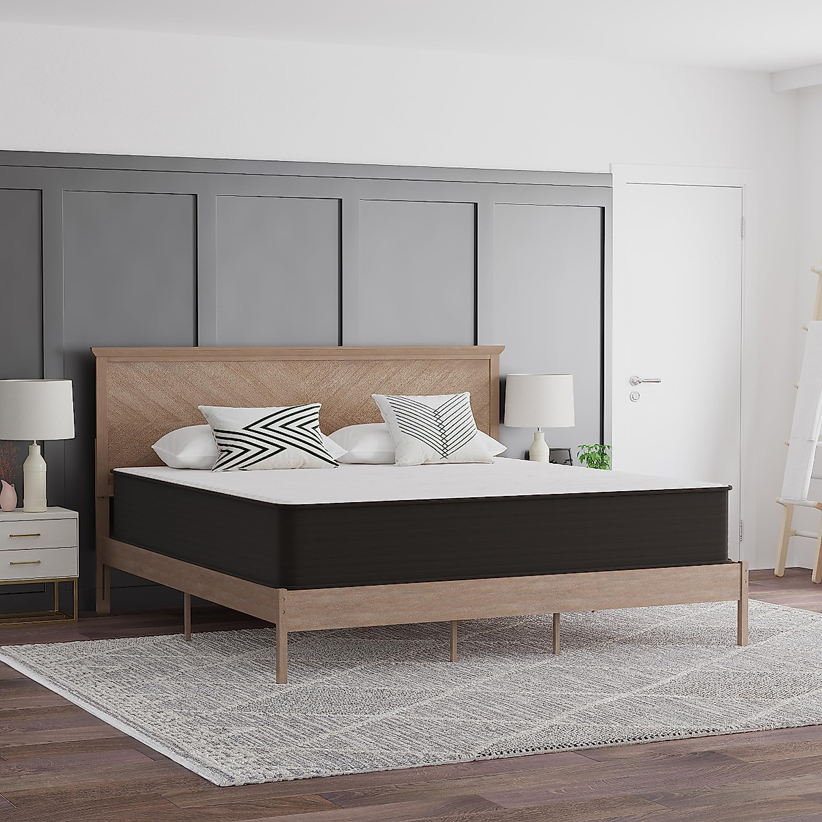 EMMA + OLIVER Drift 12 Inch Hybrid Mattress, High Density Foam and Pocket Spring Mattress in a Box, CertiPur-US Certified Foam, King Size, White/Black