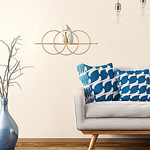 Praktiban Metal Gold Wall Shelf, Metal Frame and Wood Floating Shelves, 3 Metal Circle Wall Mounted Shelf for Living Room and Bedroom