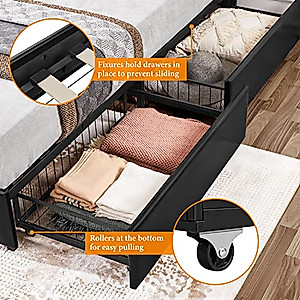 Yaheetech Queen Size Upholstered Bed Frame with 4 Drawers and Adjustable Headboard, Faux Leather Platform Bed with Mattress Foundation Strong Wooden Slats Support, No Box Spring Needed, Black