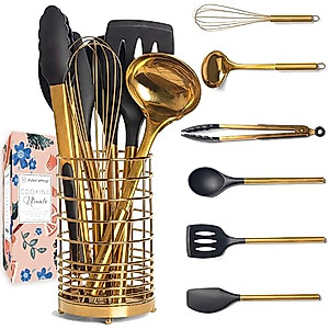 Black and Gold Kitchen Utensils Set with Holder - 7PC Gold Cooking Utensils Set Includes Black Silicone Cooking Utensils Set and Gold Utensil Holder - Gold Kitchen Accessories