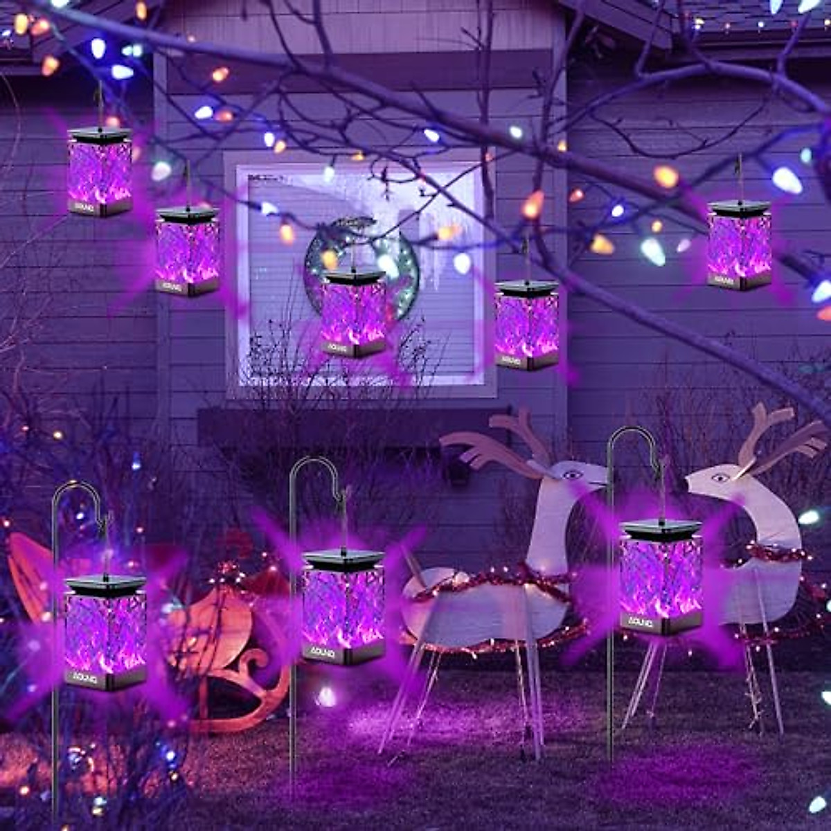 AOUNQ Solar Lanterns Outdoor Waterproof Purple, Upgraded 2 Pack 99 LEDs Flickering Flame Hanging Outdoor Solar Lanterns, Solar Powered Lanterns Lights Outdoor for Garden Patio Yard Porch Decorative