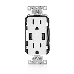 Leviton T5632-BW R02-T5632-0Bw 2-Port Combination Duplex Receptacle with USB Charger, 125 Vac, 15 A, 2 Pole, 3 Wire, White