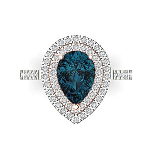 Clara Pucci 2.63ct Pear Cut Double Halo Solitaire with Accent Natural London Blue Topaz gemstone designer Modern Ring 14k 2 tone Gold