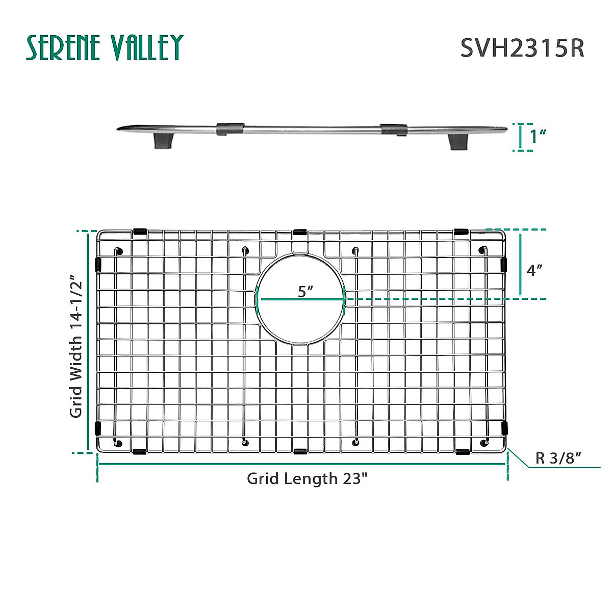 Serene Valley Sink Bottom Grid 23" X 14-1/2", Rear Drain with Corner Radius 3/8", Sink Protector SVH2315R