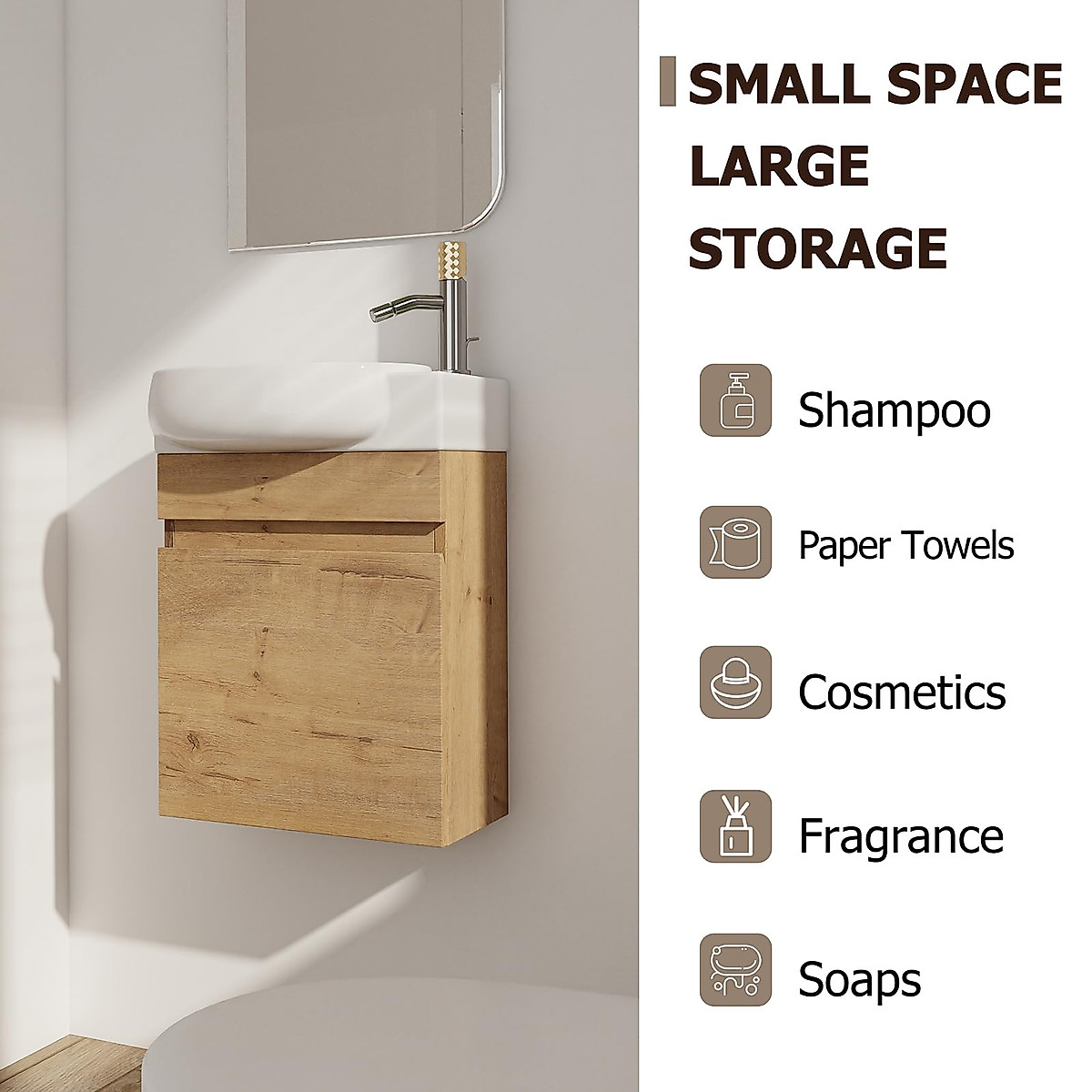 16 inch Floating Bathroom Vanity with Round Single Ceramic Sink, Wall Mounted Bathroom Cabinet with Soft Closing Door Bathroom Vanity and Sink Combo, for Small Space