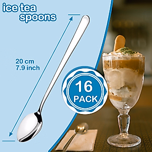 Pleafind 16-PCS Long Spoon (7.9 inch), Long Handle Iced Tea Spoons, Stainless Steel Stirring Spoon, Coffee Spoon, Ice Cream Spoon, Long Spoons for Shakes Cocktail Stirring Coffee Cold Drink