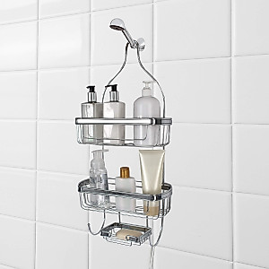 Splash Home Bathroom Shower Door or Hanging From Shower Head Caddy With Two Basket Organizers Plus a Soap Dish For Storage Shelves For Shampoo, Conditioner and Soap – Silver Chrome