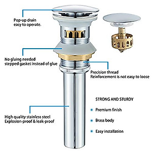 VOTON Bathroom Sink Drain Chrome Lavatory Pop-up Drain with Detachable Basket Stopper, Anti-Explosion and Anti-Clogging Drain Strainer，with Overflow Hole