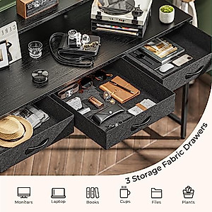 Huuger 47 inch Computer Desk with 3 Drawers, Office Desk Gaming Desk with LED Lights & Power Outlets, Home Office Desks with Storage Space for Bedroom, Work from Home, Black