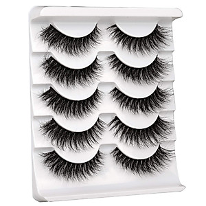 Newcally Cat Eye Mink Eyelashes Nautral Fluffy False Eyelashes 5D Volume Fake Eyelashes 5 Pairs Pack Full Crossed Short Eye Lashes Handmade Reusable Soft Multipack