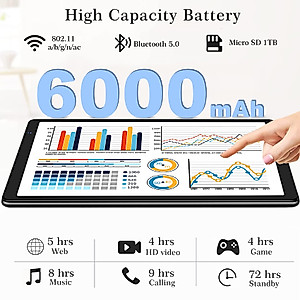 SEBBE Android 11 Tablet, 2023 2 in 1 Tablets, 10.36 Inch HD Display, 2.0 GHz, Octa-Core, 4GB RAM+64GB ROM(Up to 256G), 8000 mAh Battery, 5G+2.4G WiFi Tableta with Keyboard - Gray