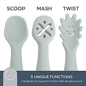 Dreambaby Scoop Mash and Twist Silicone Baby Spoon Set - 3 Stage Toddler Utensils for Baby Led Weaning - Soft Chew Training Spoons, Seafoam