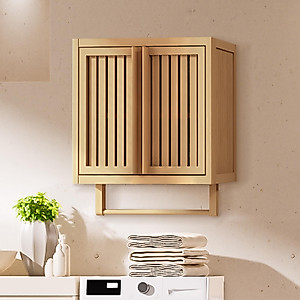 BAOMKONG Bamboo Medicine Cabinet Bathroom Cabinet Wall Mounted with Towels Bar Over The Toilet Storage Cabinet with 2 Door Sturdy Bathroom Wall Cabinet for Bathroom Laundry Room Kitchen, #02 Natural
