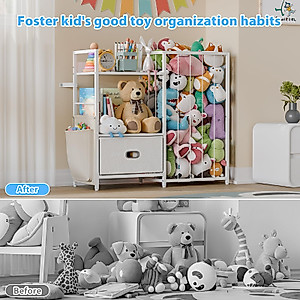 Metal Stuffed Animal Storage Toy Organizer - Kids Toy Storage Organizer with Toy Box, Stuffed Animal Zoo Storage with Bins, Toy Shelf Organizer Storage for Kids Room Playroom Nursery Bedroom (White)