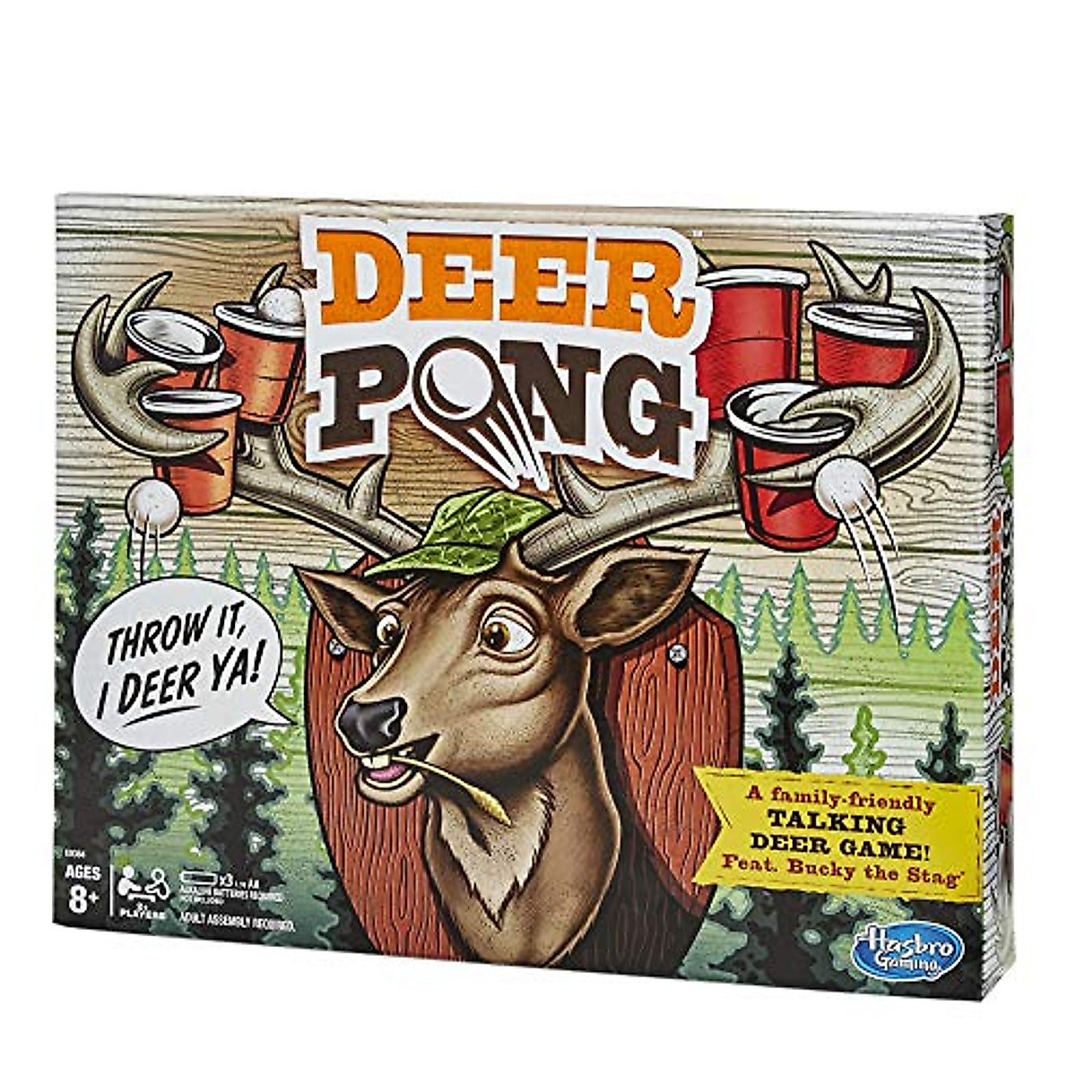 Deer Pong Game, Features Talking Deer Head and Music, Includes 6 Party Cups and 8 Balls, Fun Family Game for Ages 8 and Up