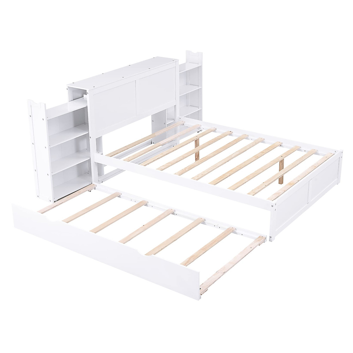 Lifeand Full Size Storage Platform Wooden Bed with Pull Out Shelves and Twin Size Trundle, White