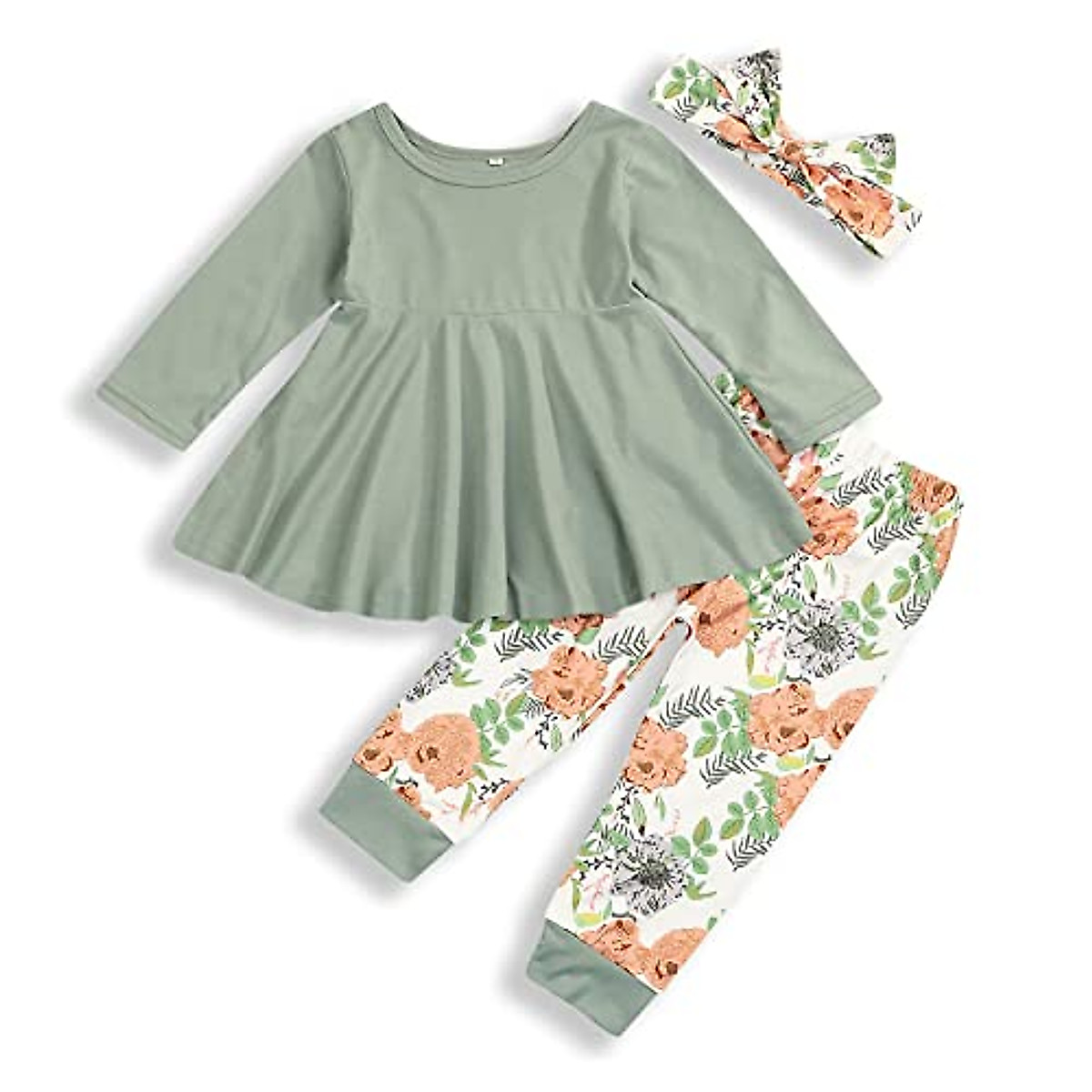 bilison Toddler Baby Girl Clothes Solid Color Ruffle Tops Floral Pants with Headband Outfit Set