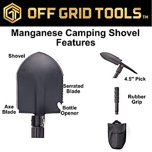 OFF GRID TOOLS Manganese Camping Shovel | Folding Shovel | Outdoor Survival Multitool | High Strength Manganese Alloy Steel | Use for Camping, Hunting, Fishing, Hiking