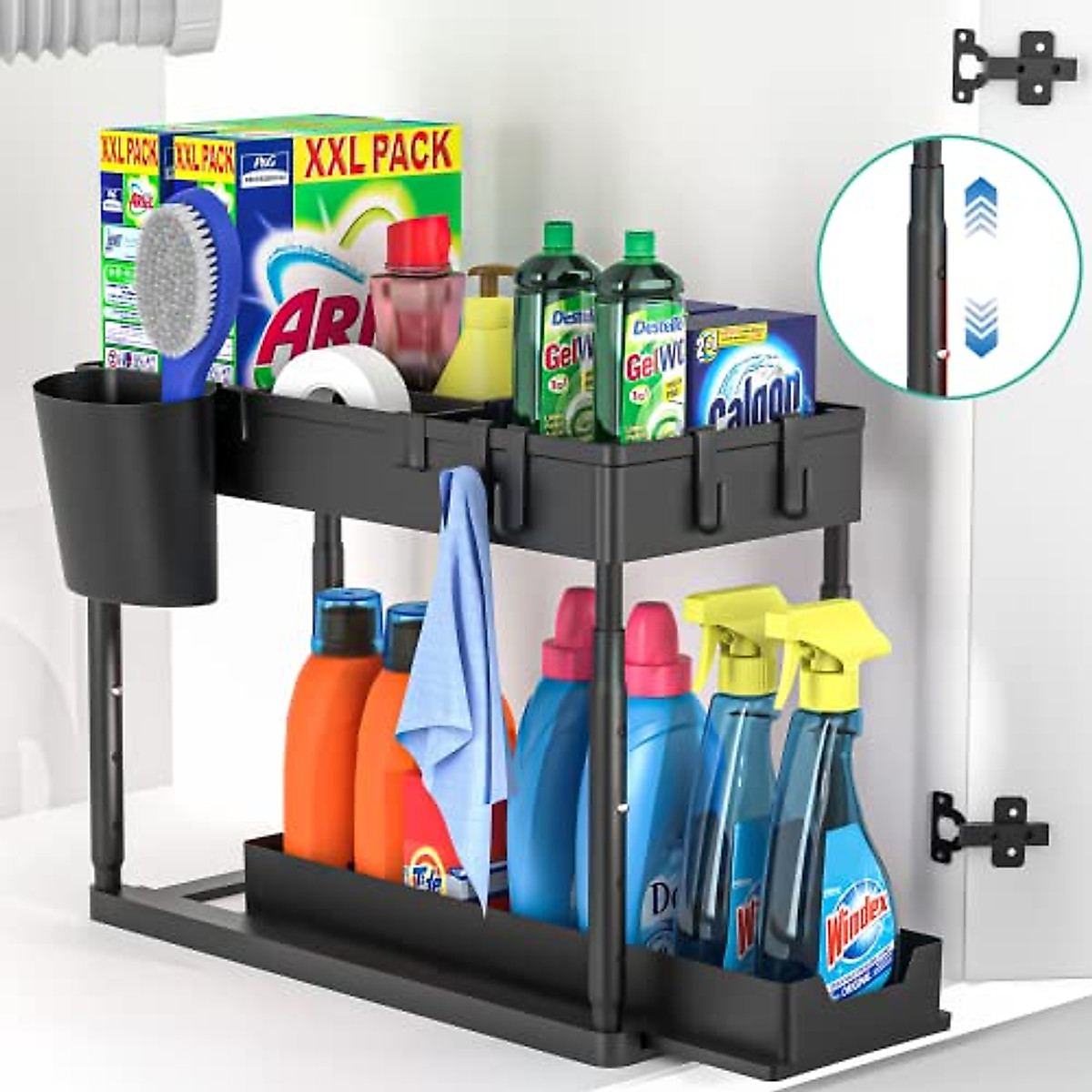 STORVAGE Height Adjustable Under Sink Organizer Kitchen 2 Tier Under Sink Organizers and Storage Bathroom, Sliding Basket Bathroom Cabinet Organizer with Hooks, Hanging Cup & Dividers (Black, 1)