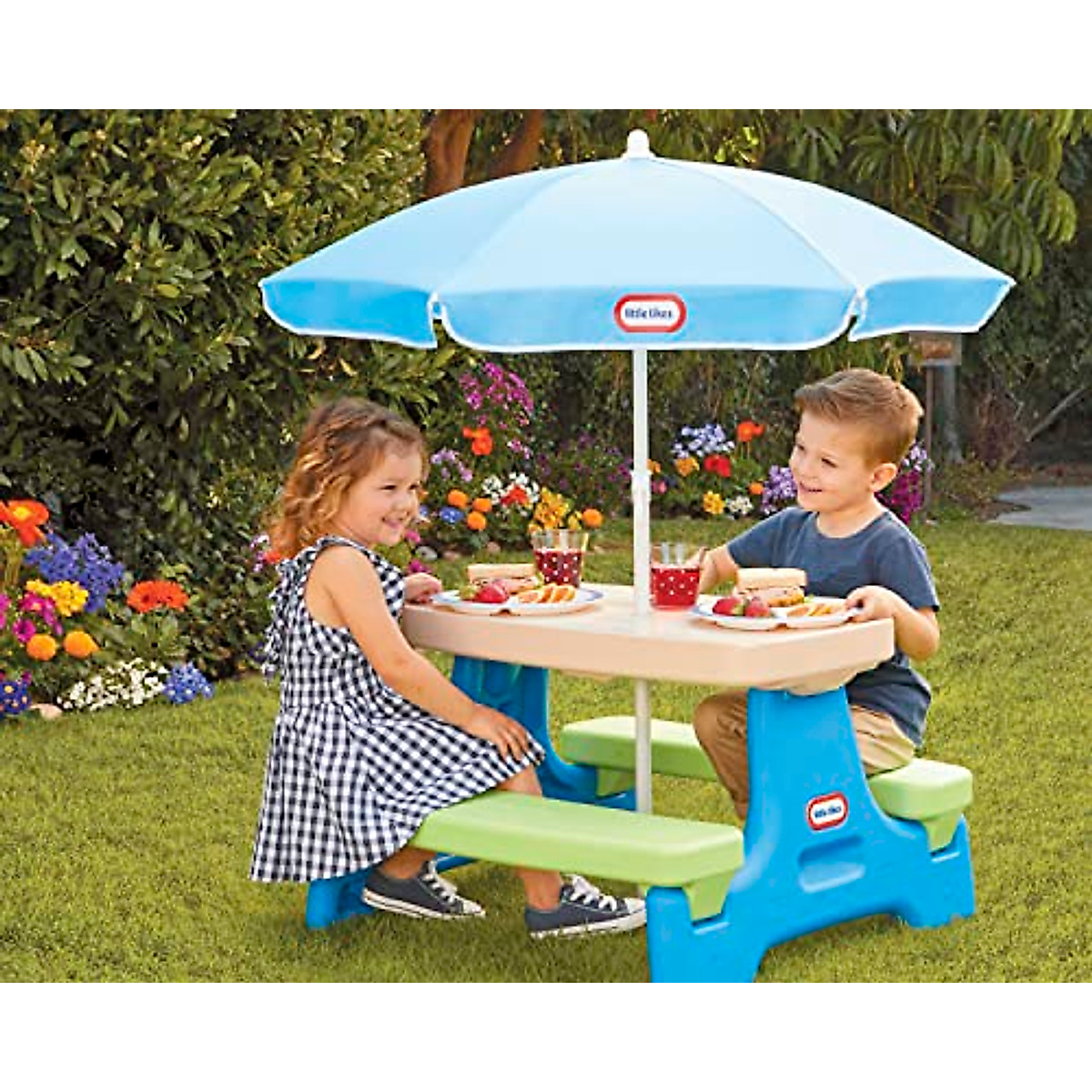 Little Tikes Easy Store Picnic Table with Umbrella, Multi Color, 42.00''L x 38.00''W x 19.75''H