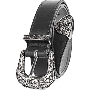 INOGIH Western-Leather-Belts-Women Vintage Waist-Belts with Hollow Out Flower Buckle