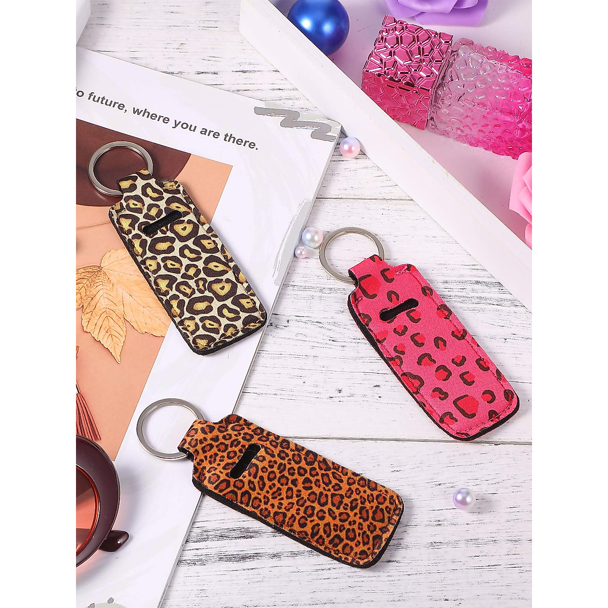 10 Pieces Cow Print Lipstick Holder Lipstick Holder Keychain Sleeve Lipstick Pouch Lip Balm Holder Sleeve with 10 Metal Key Chains to hold Travel Daily Accessories, Leopard Style