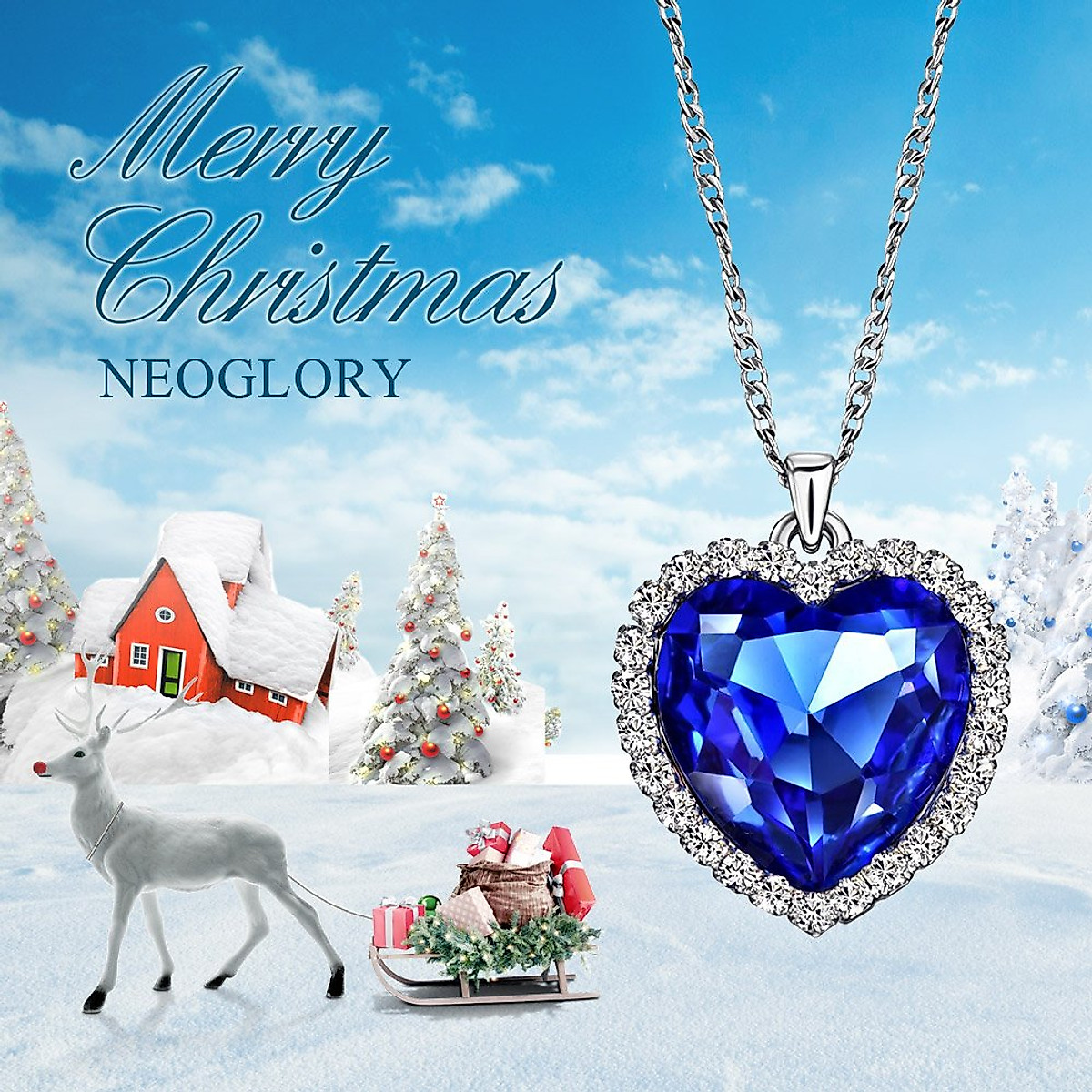 NEOGLORY Blue Crystals Heart Love Shaped Necklaces Jewelry, Heart of The Ocean Necklace from Titanic Crystal Pendant for Women Gift 18+2inch