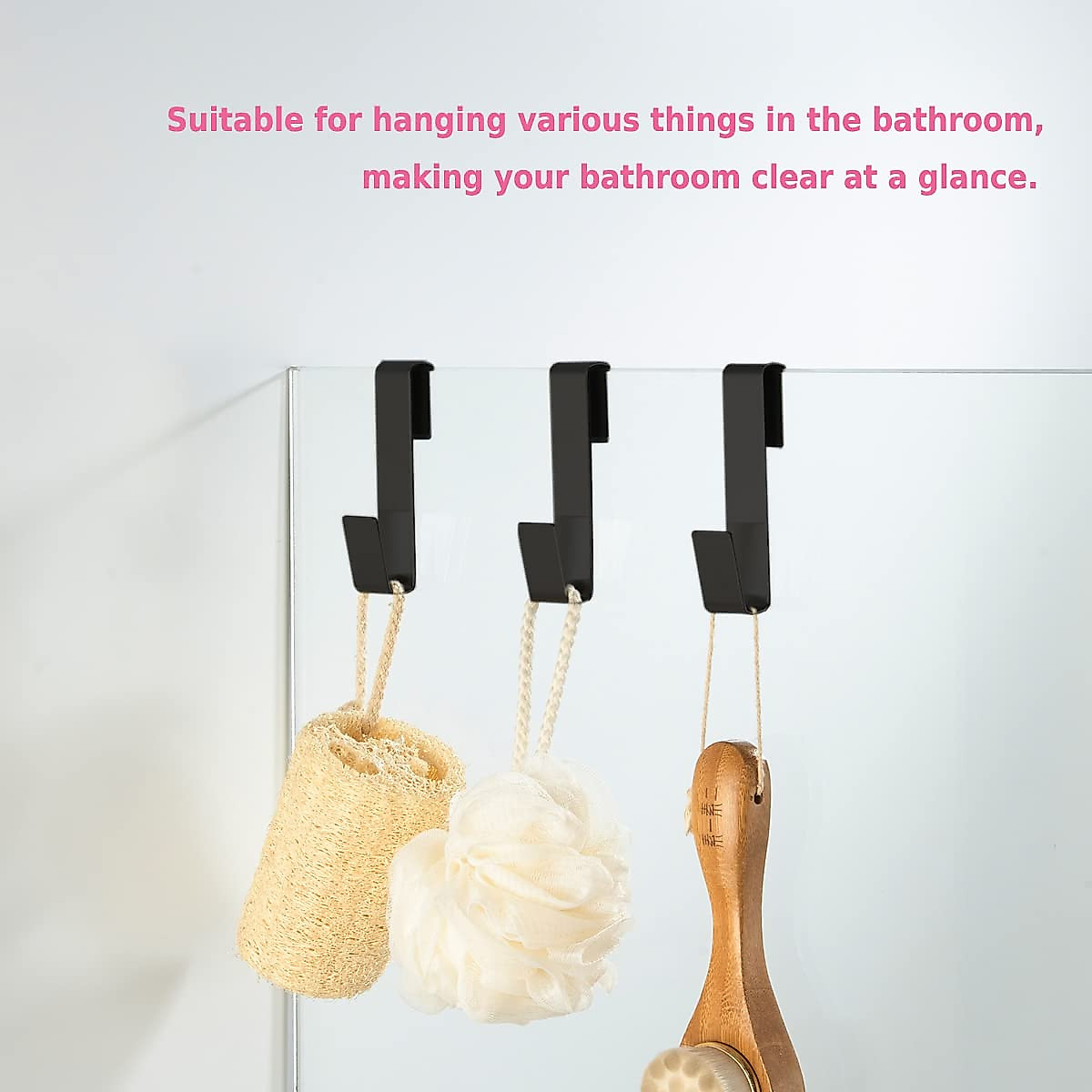 MOKIUER Towel Hook, Over Glass Door Hook for Bathroom, Suit for Frameless Glass Shower Door 0.39" (10 mm) Stainless Steel Matte Black, 3 Pack