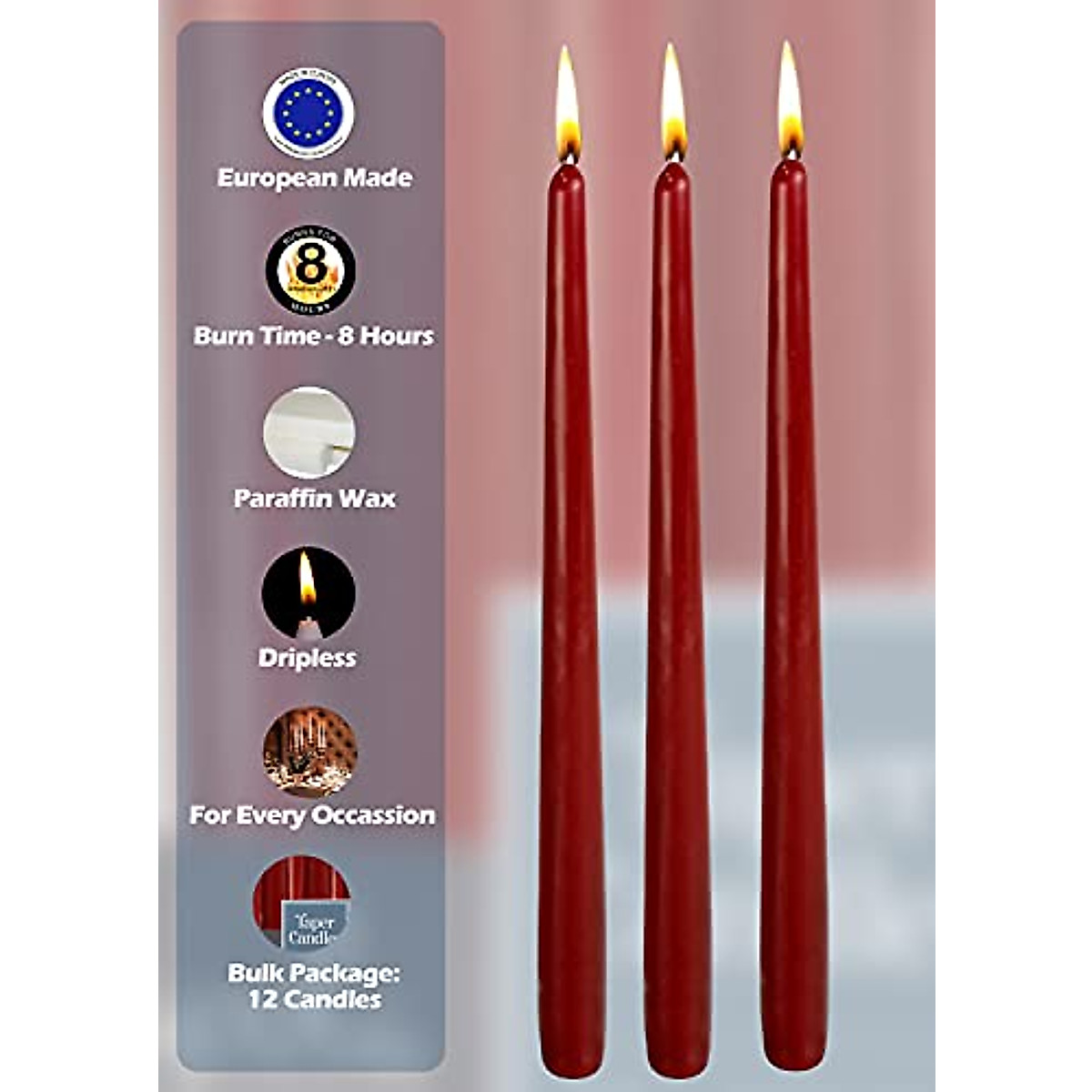 12 Pack Tall Taper Candles - 10 Inch Burgundy Dripless, Unscented Dinner Candle - Paraffin Wax with Cotton Wicks - 8 Hour Burn Time