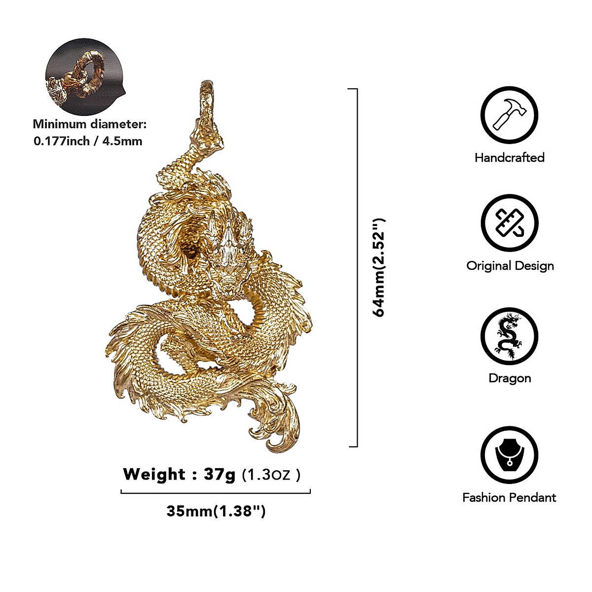 COPPERTIST.WU Dragon Pendant Necklace for Men丨Cool Gothic Punk Brass Dragon Head Animal Charm