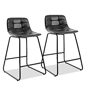 LUE BONA Upholstered Checkered Pattern Bar Stools Set of 4, Faux Leather 30 Inch Bar Height Chairs with Metal Legs for Kithchen Island, Red Brown