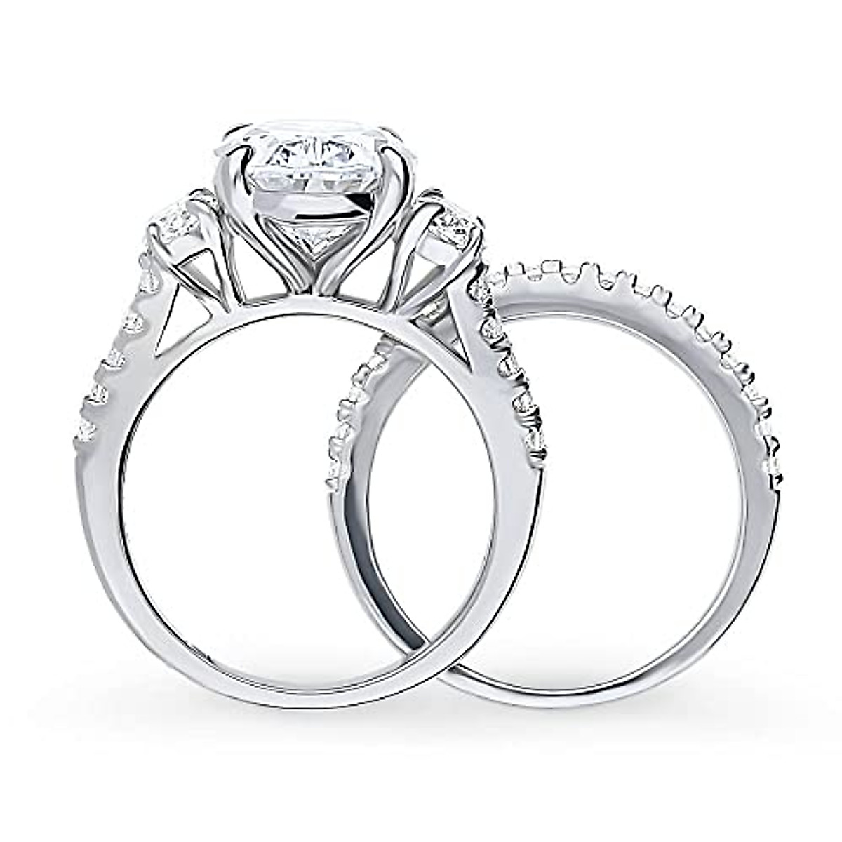 BERRICLE Sterling Silver 3-Stone Wedding Engagement Rings Oval Cut Cubic Zirconia CZ Ring Set for Women, Rhodium Plated Size 8