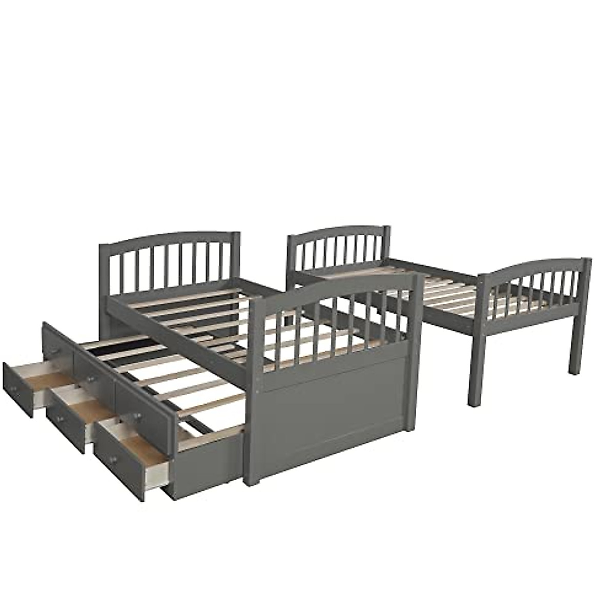 Harper & Bright Designs Twin Over Twin Bunk Bed with Trundle and Storage, Solid Wood Bunk Bed Frame with 3 Drawers for Kids, Teens, Adults (Gray)