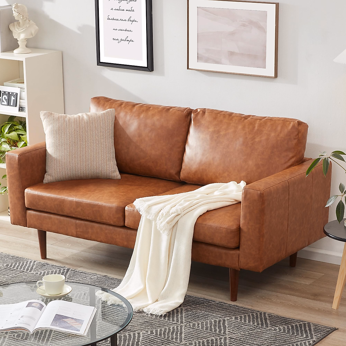 Kingfun 65" Loveseat Sofa, Faux Leather Love Seat Couch, Mid Century Modern Couch with Solid Wooden Frame for Living Room & Bedroom in Small Spaces, Brown