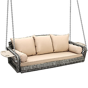 Decomax Wicker Hanging Porch Swing Chair 3-Seats Outdoor Gray Rattan Patio Swing Lounge with Cushions Cupholders Capacity 660lbs for Garden, Balcony, Living Room (Porch Swing with Armrest Pillows)