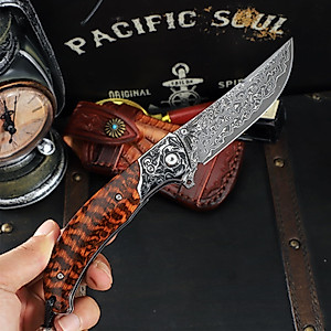 ALVELY Handmade Folding Pocket Knife, 3.6in Straight Alloy Steel Blade, Snake Lines Wood Handle, Liner Lock, with Leather Sheath, EDC Unisex Adult Knife