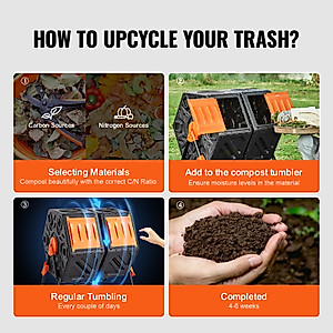 VEVOR Compost Bin, 37-Gal Dual Chamber Composting Tumbler, High Volume Two Rotating Chambers with 2 Sliding Door and Steel Frame, BPA Free Composter Bin Tumbler for Garden, Kitchen, Yard, Outdoor