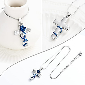 Urn Necklace for Ashes Rose Flower Cross Cremation Jewelry Pendant for Human/Pet Funeral Keepsake Memorial Necklace(Blue)
