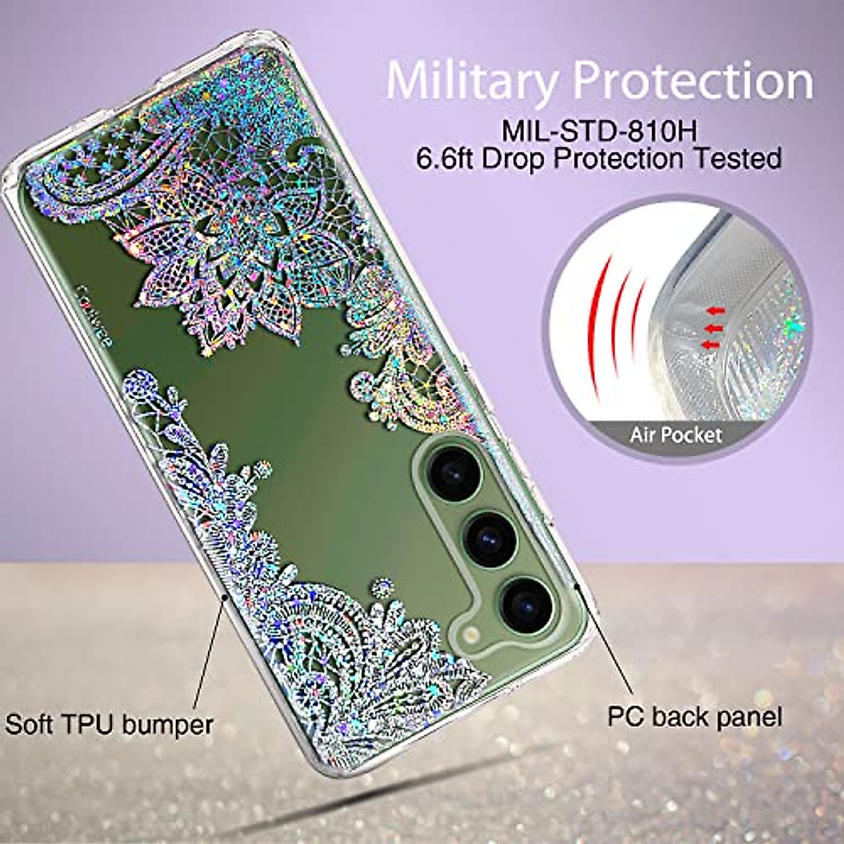 Coolwee Clear Glitter for Samsung Galaxy S23 Plus Case Thin Flower Slim Cute Crystal Lace Bling Sparkle Floral Hard Plastic Cover Back Soft TPU Bumper Protective Mandala Henna Anti Yellowing